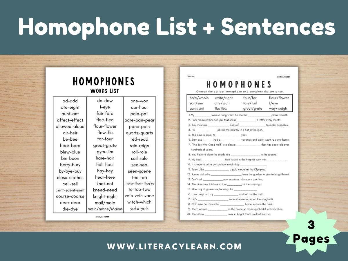 Homophone List and Sentences - Literacy Learn Unlimited