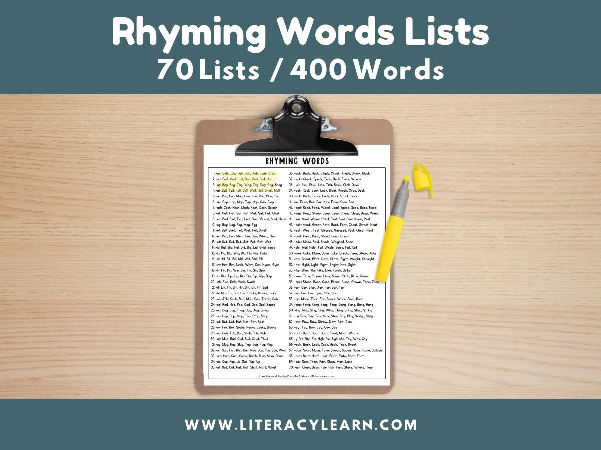 Rhyming Words Lists - Literacy Learn Unlimited
