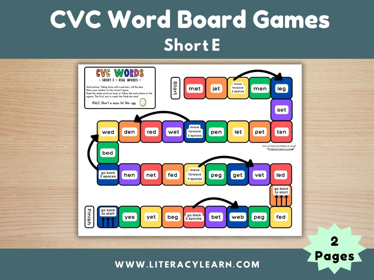 CVC Word Board Games: Short E - Literacy Learn Unlimited