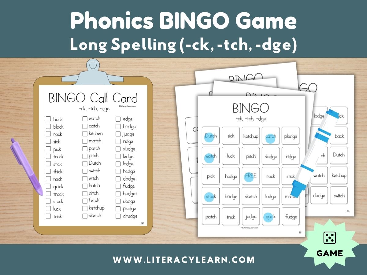 Phonics Bingo: Long Spelling (-ck, -tch, -dge) - Literacy Learn Unlimited