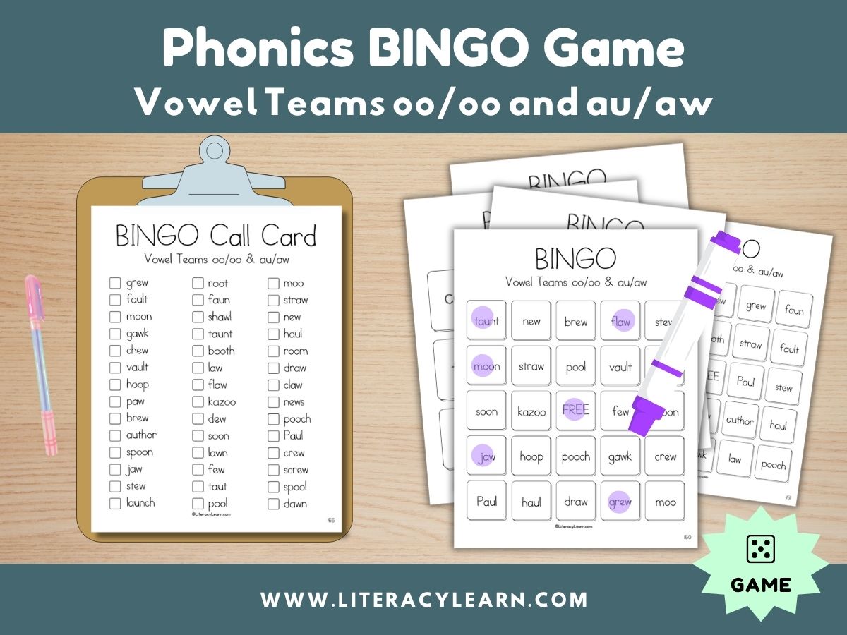 Phonics Bingo: Vowel Teams OO/OO & AU/AW - Literacy Learn Unlimited