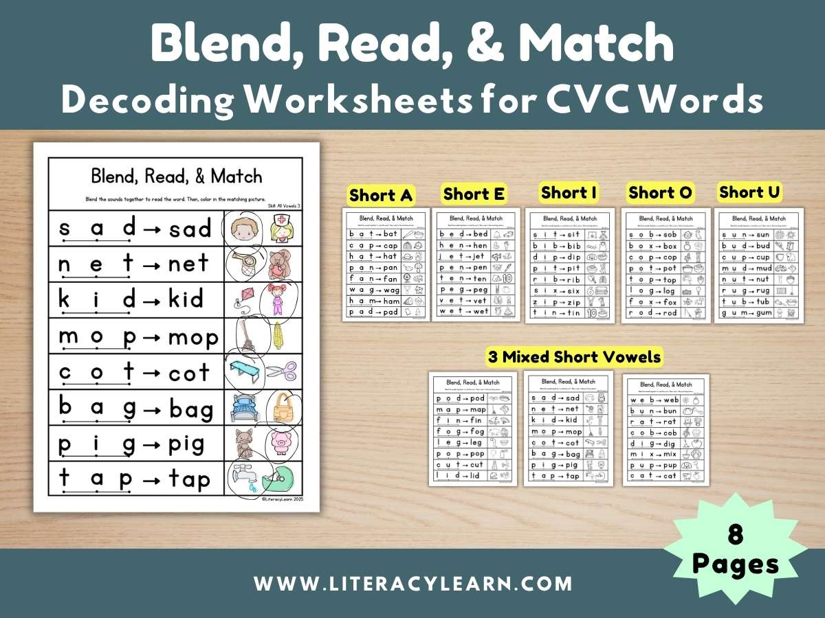 Blend, Read, & Match Worksheets for Decoding Practice (CVC Words ...