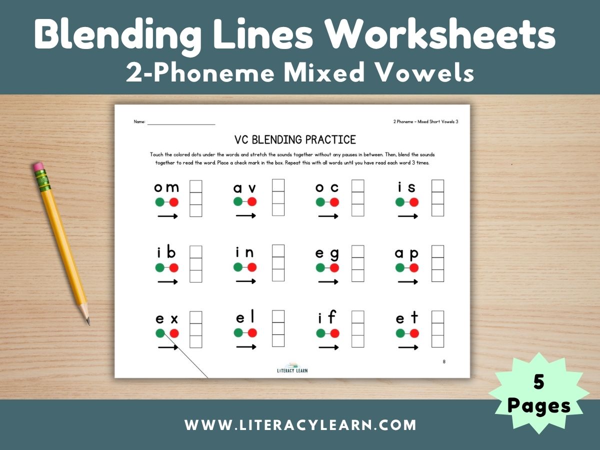 Blending Lines Worksheets: 2 Phoneme Mixed Short Vowels - Literacy ...
