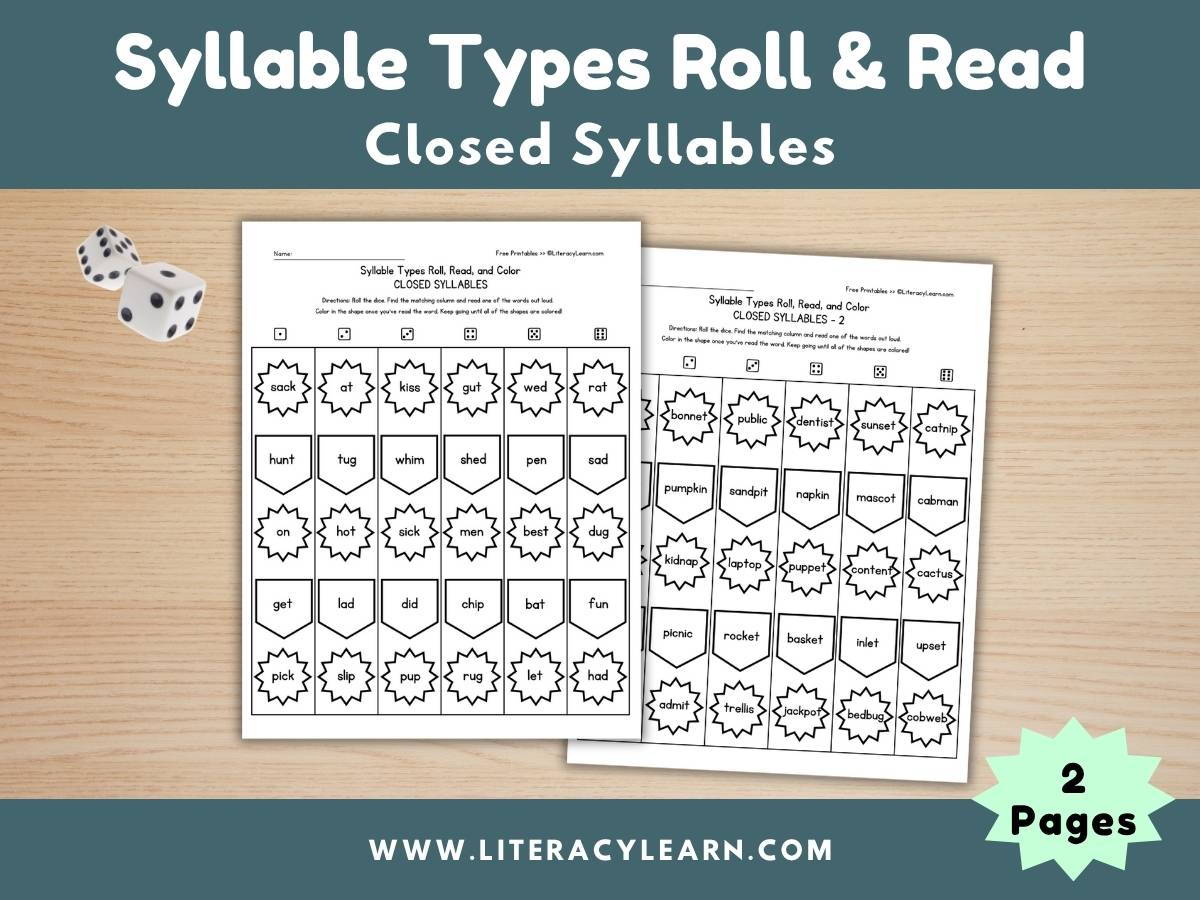 Syllable Types Roll, Read, & Color: Closed Syllables - Literacy Learn ...