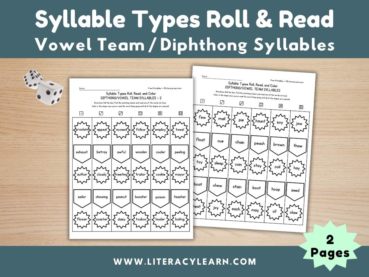 Syllable Types Roll, Read, & Color: Vowel Teams/Diphthongs - Literacy ...