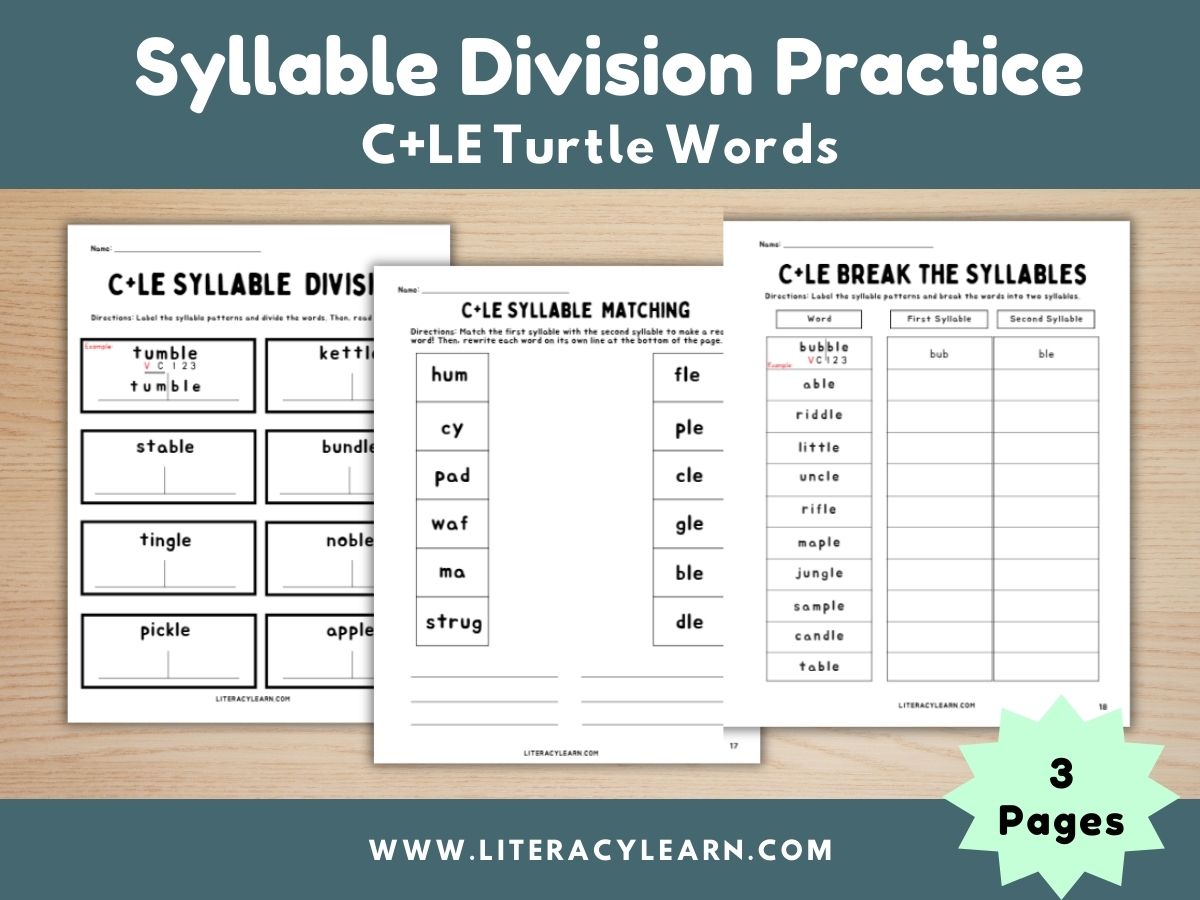 Syllable Division Practice: C+LE Words (Turtle) - Literacy Learn Unlimited