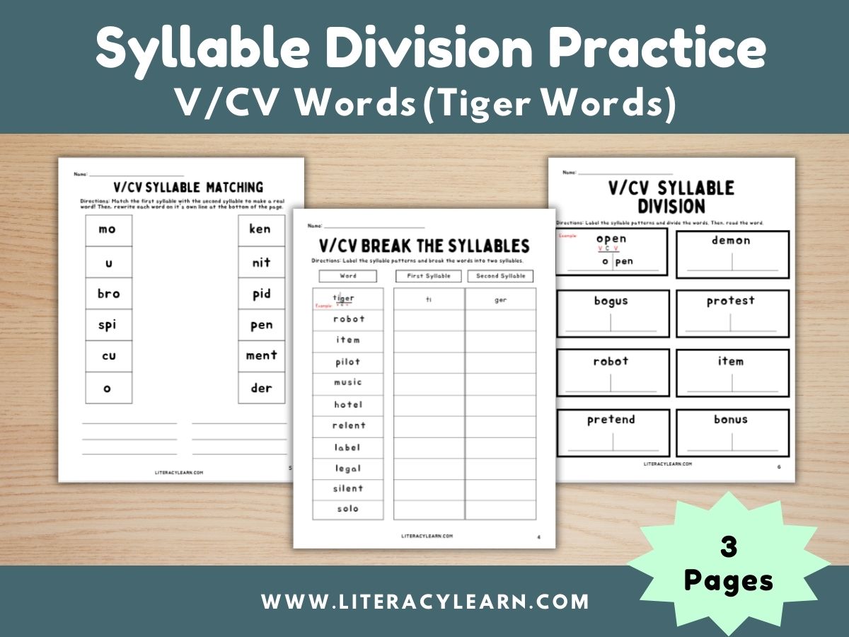 Syllable Division Practice: V/CV Words (Tiger) - Literacy Learn Unlimited