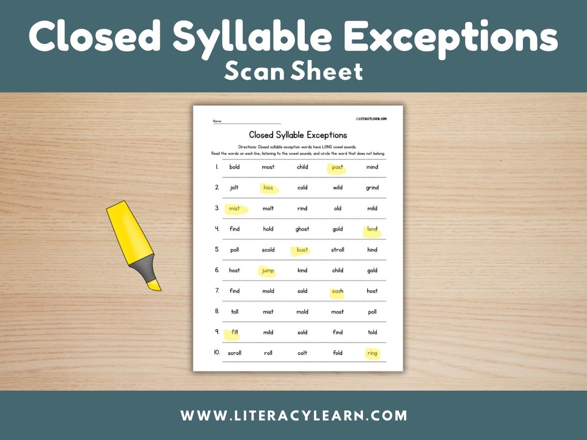 Closed Syllable Exception Scan Sheet - Literacy Learn Unlimited