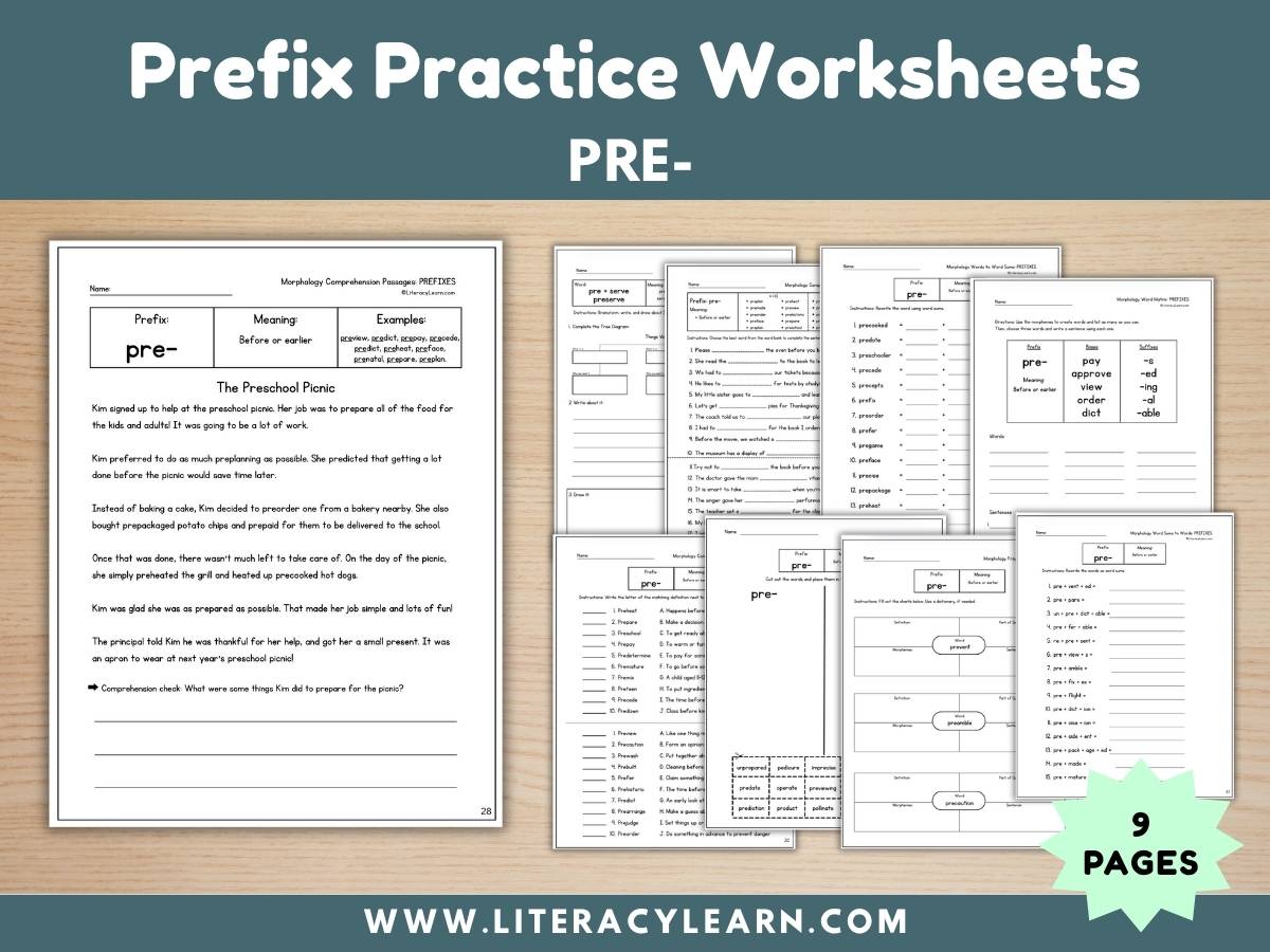 Prefix Practice Worksheets: PRE- Literacy Learn Unlimited